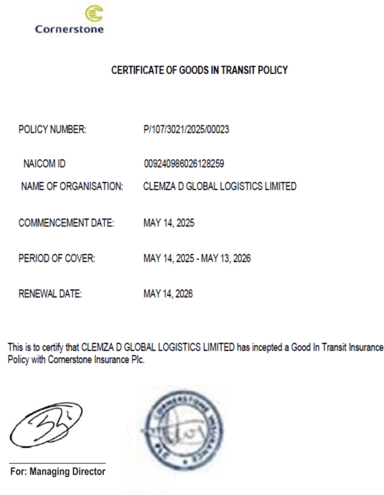 Certificate of Goods in Transit Policy - Clemza D Global Logistics Ltd